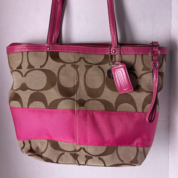Coach | Bags | Coach Pink Brown Signature Medium Shoulder Tote Handbag ...